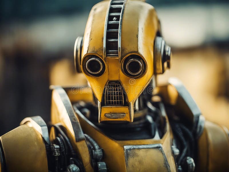 AI Robot Android. Close-up of an Old Rusting Vintage Yellow Robot in a ...