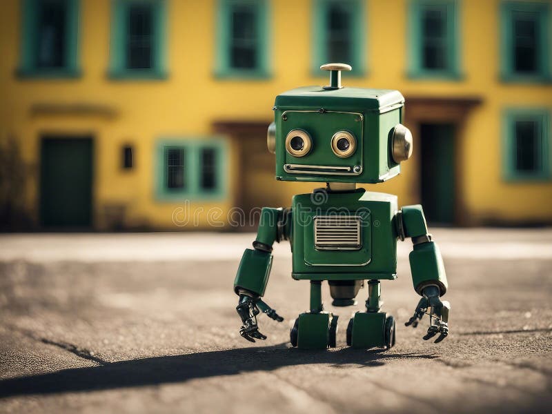 AI Robot Android. an Old Dirty Green Metal Robot is Walking on the ...