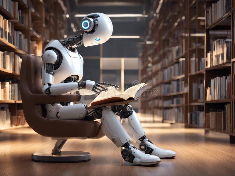 AI Robot Android. Robot Studying a Book in the Library. Smart Robot ...