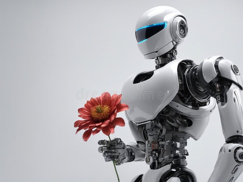 AI Robot Android. White Robot with Flowers in His Hands. Futuristic ...