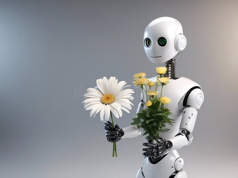 AI Robot Android. White Robot with Flowers in His Hands. AI Generated ...