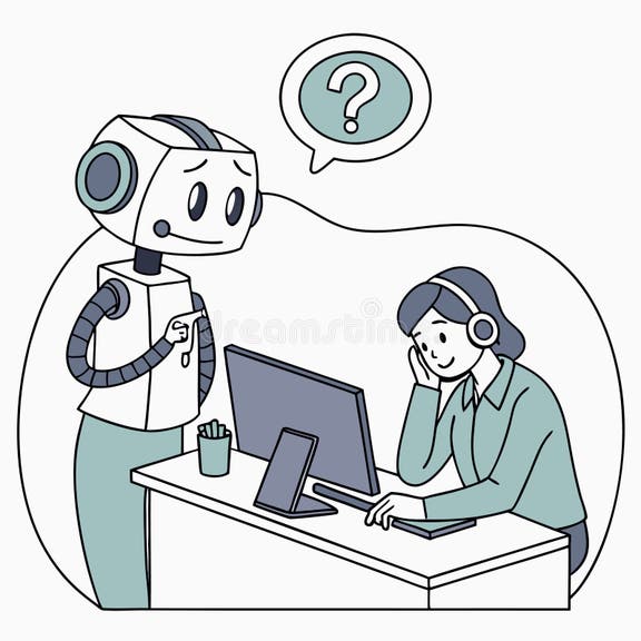 AI Robot Asking Help from Human Support Agent â€ Cute Tech Illustration ...