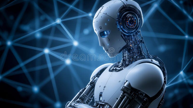 AI Robot on Blue Technology Background. Concept of Automation, Digital ...