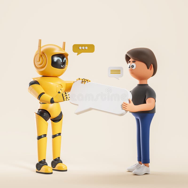 AI Robot and Cartoon Man Holding Speech Bubble Stock Illustration ...