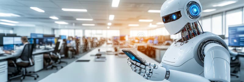 AI Robot Checks Smartphone in Modern Open Office Artificial ...