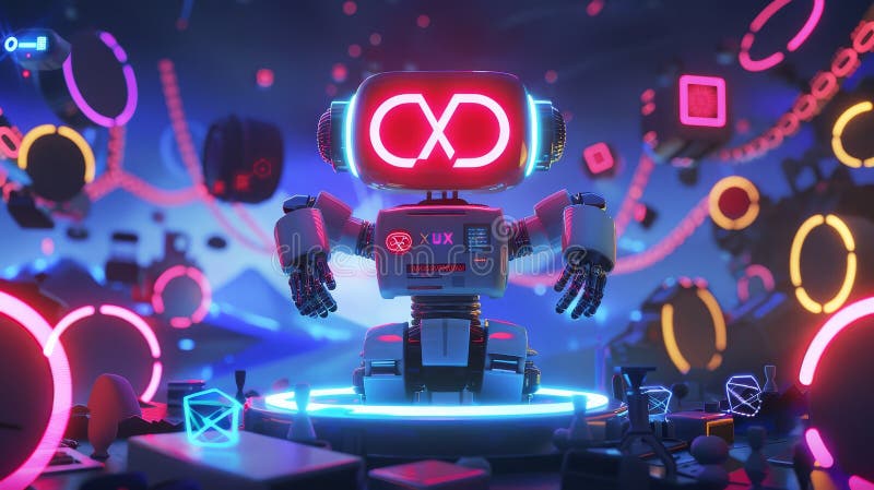 An AI Robot and Cyborg Arm are Shown at the Neon Glowing Display in ...