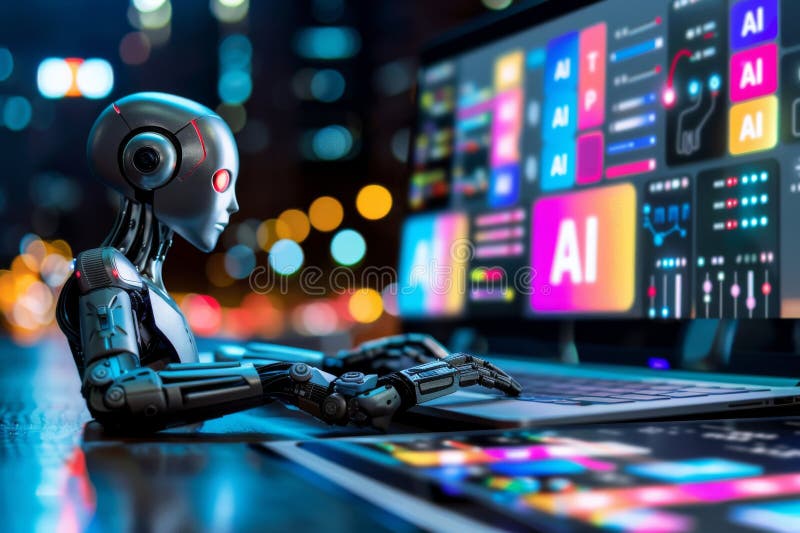 AI Robot at Digital Workstation, Modern Technology, Cybernetic ...