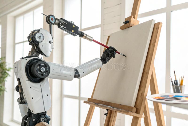 AI Robot Drawing on Canvas: 3D Rendering Stock Illustration - Illustration of digital, rendering ...