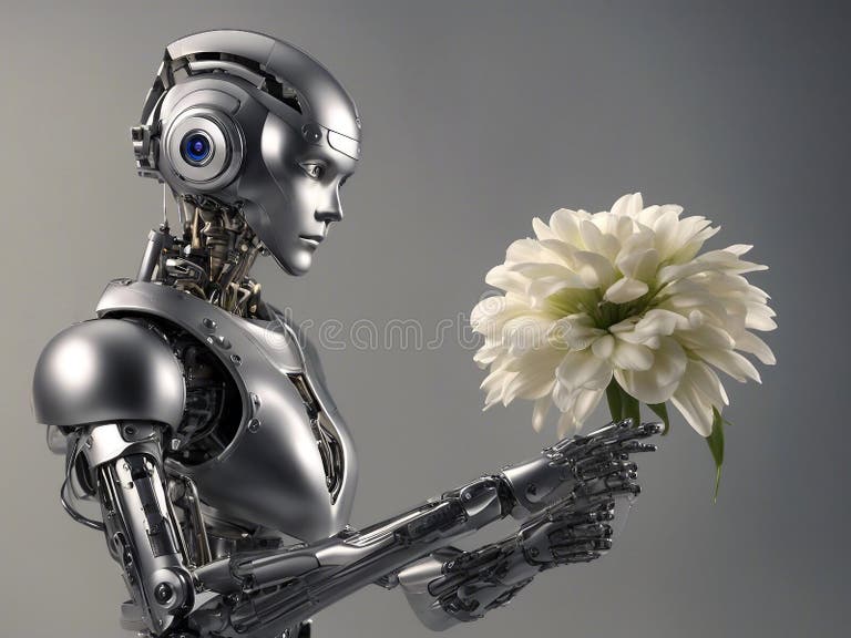 AI Robot Droid. Robot with Flowers in Hands Close-up. Romantic Droid ...