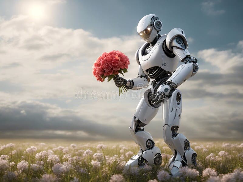 AI Robot Droid. Robot with Flowers in Hands among Flowers. AI Generated ...