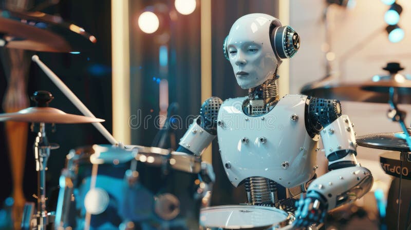 AI Robot Drummer Performing on Stage with High-Tech Instruments in Futuristic Band Stock ...