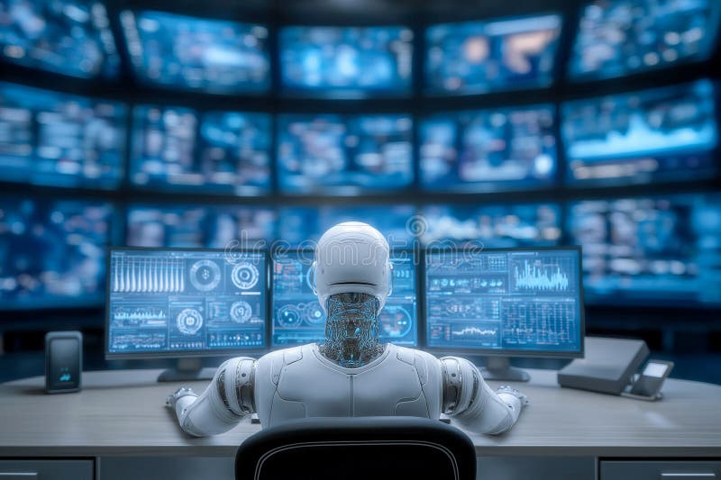 AI Robot Engaged in Data Analysis Surrounded by Multiple Holographic ...