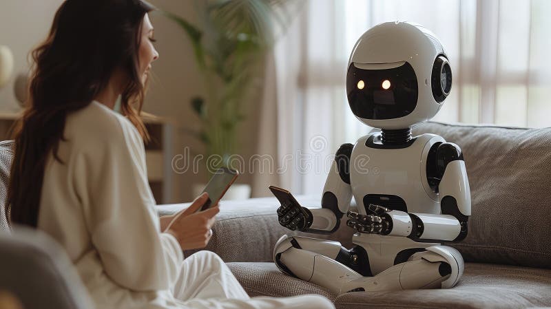 AI Robot Engaged in a Friendly Conversation with a Person, Both Smiling ...