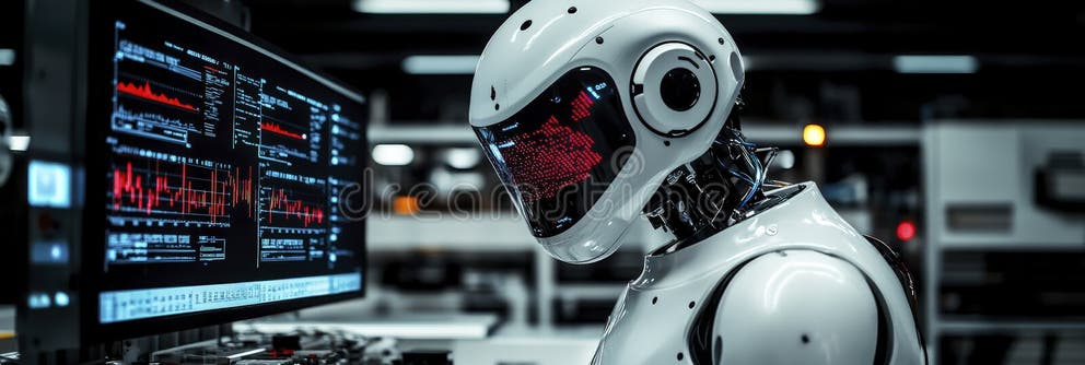 AI Robot Engages with Data Analytics on Computer Stock Illustration ...