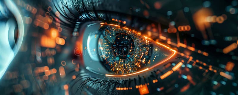 AI Robot Eye in Dark Tech Space, Cyborg Vision on Digital Background ...