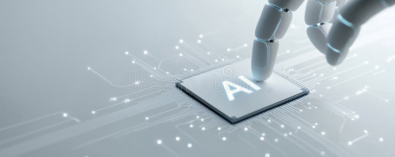 AI Robot Finger Touches a AI Chip Futuristic Circuit Board. Artificial ...