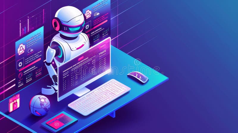 Ai Robot Fronting a Computer Desktop with a Calendar and Clock. Smart ...