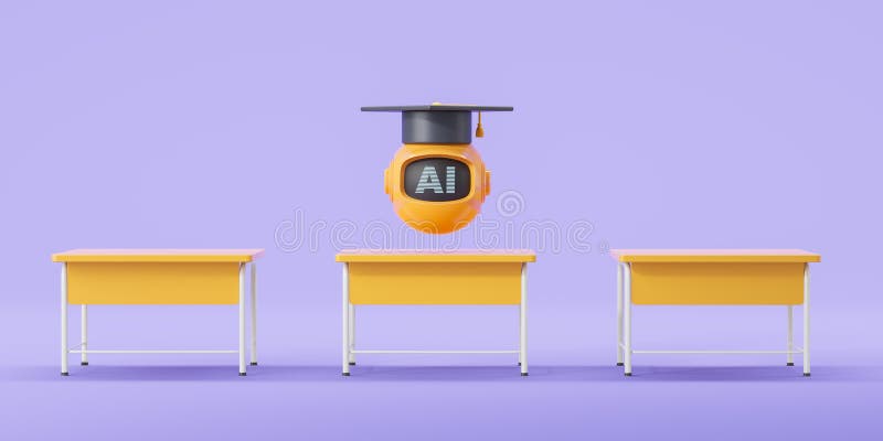 AI Robot in Graduation Cap and Work Desks in Row, Education Concept ...