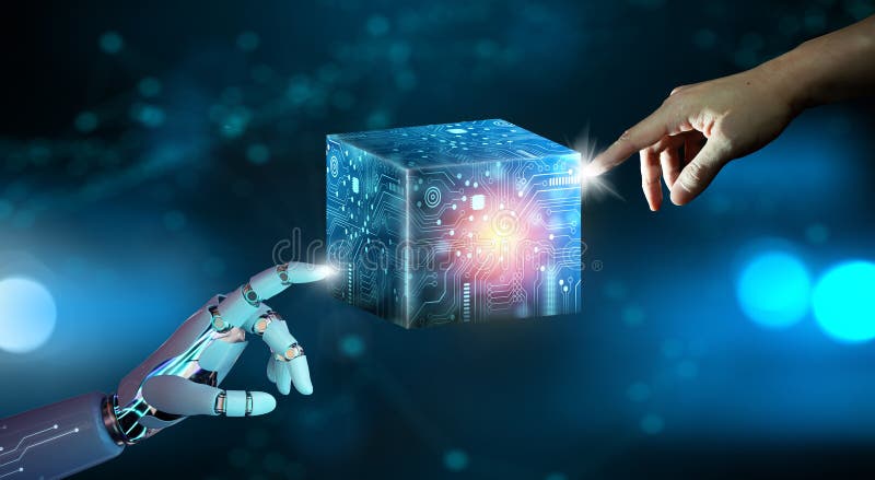 Ai Robot Hand and Businessman Hand Pointing Cube Technology. Cloud Data ...