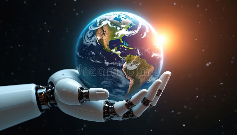 AI Robot Hand Holds Earth Globe in Space. Concept of Artificial ...