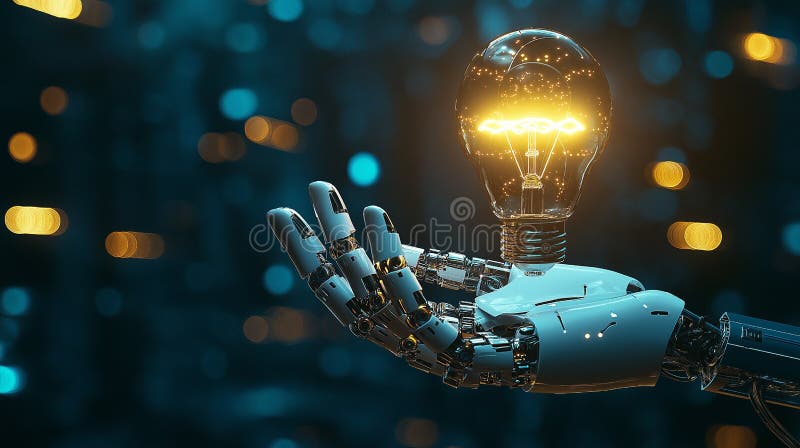 AI Robot Hand Illuminated by a Glowing Light Bulb Stock Illustration ...
