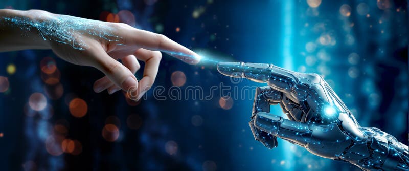 AI Robot Hand Reaching Out To Human Hand, Finger of Artificial ...