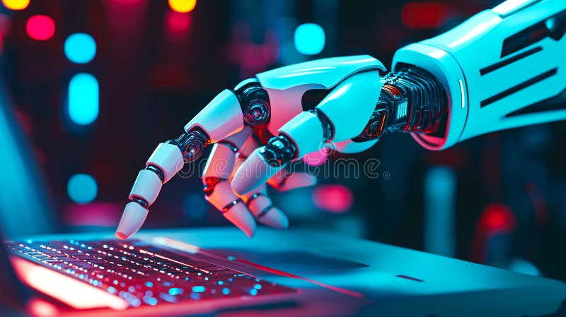 An AI Robot Hand Touches a Laptop Keyboard. Generative Ai Stock ...