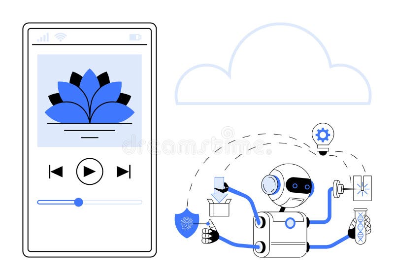 AI Robot Handling Tasks and Mobile Music Player Display Under Cloud Computing Concept Stock ...