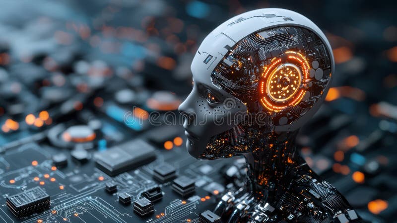 AI Robot Head, Circuit Board, Futuristic Tech Stock Illustration ...