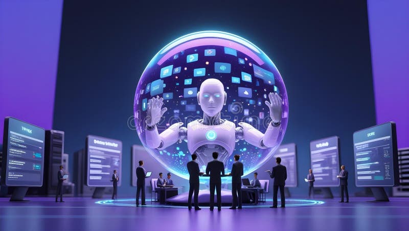 AI Robot Holding Tech Display with Fintech Miniature Stock Illustration ...