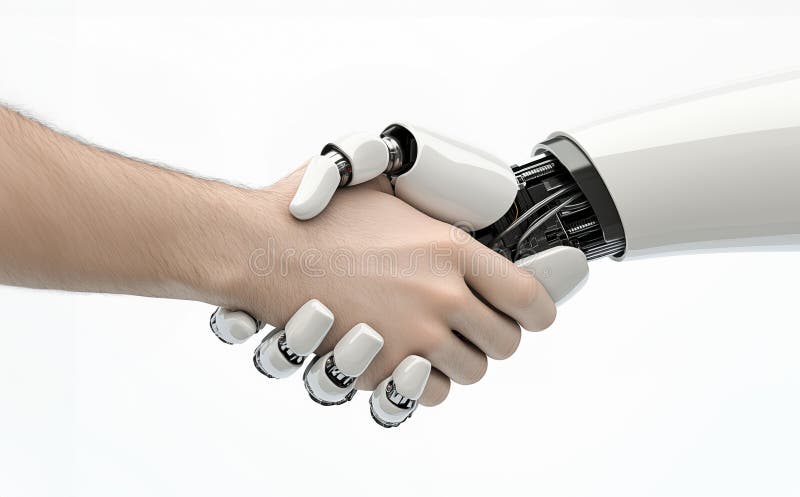 AI Robot and Human Shaking Hands. a Handshake between a White Robotic ...