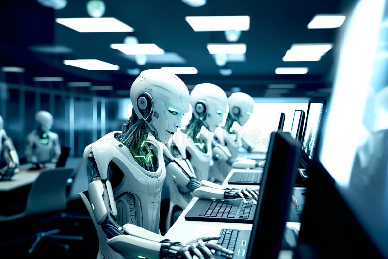 AI Robot Humanoid Working on Computer, Looking at Screen, Typing ...