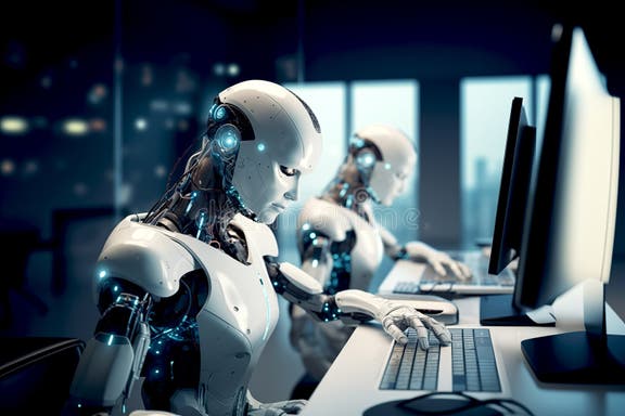 AI Robot Humanoid Working on Computer, Looking at Screen, Typing ...