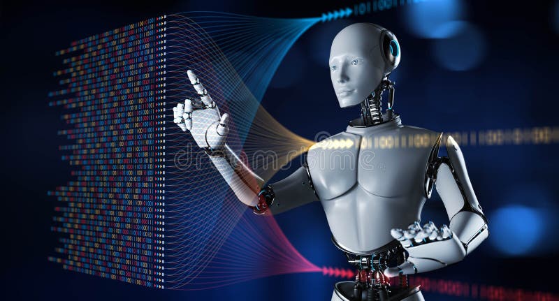 AI Robot Interacting with Binary Code, Big Data, and Data Analytics for Business and Technology ...