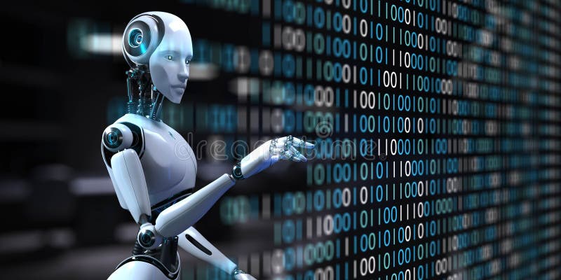 Ai Robot Interacting With Binary Code Big Data And Data Analytics For Business And Technology