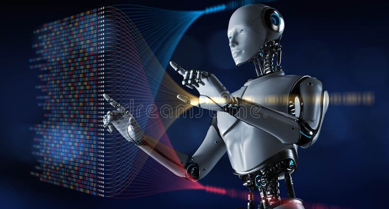 Ai Robot Interacting With Binary Code Big Data And Data Analytics For Business And Technology