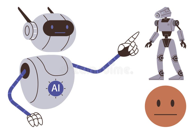 AI Robot Interacting with Humanoid Robot and Neutral Face Emoticon ...