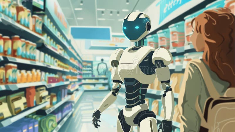 AI Robot Interacting with a Shopper in a Modern Grocery Store. Concept ...
