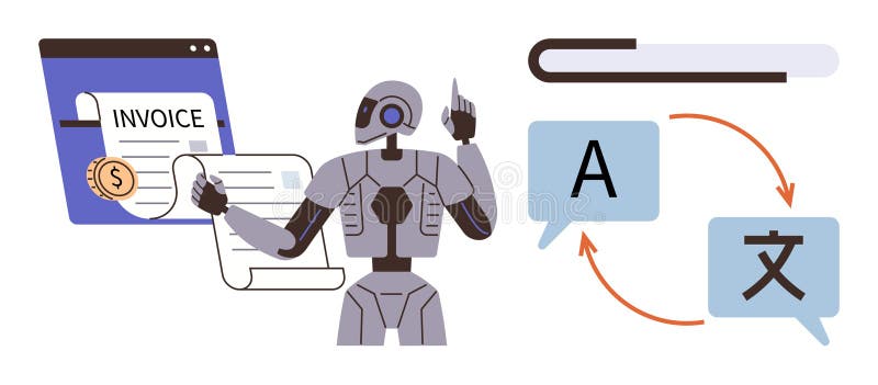 AI Robot Managing Invoice Processing and Language Translation in Digital Workflow Stock Vector ...
