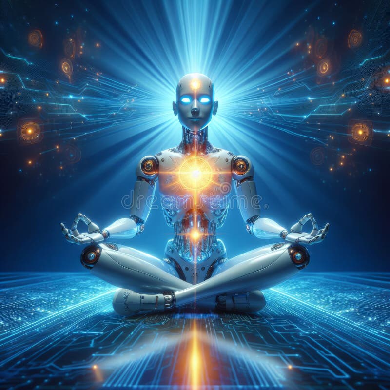 AI Robot Meditating with Radiant Heart Core Stock Photo - Image of ...