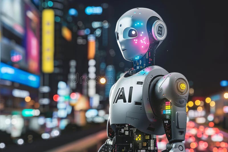 AI Robot in Neon Cityscape, Digital Art, Technology Innovation ...