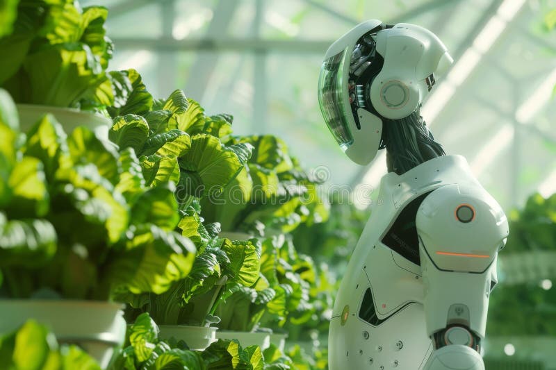 AI Robot Overseeing Plant Growth in an Advanced Greenhouse Environment ...