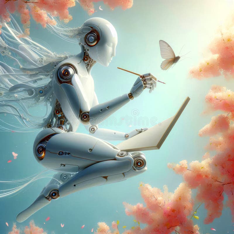 AI robot painting flowers stock illustration. Illustration of concept ...