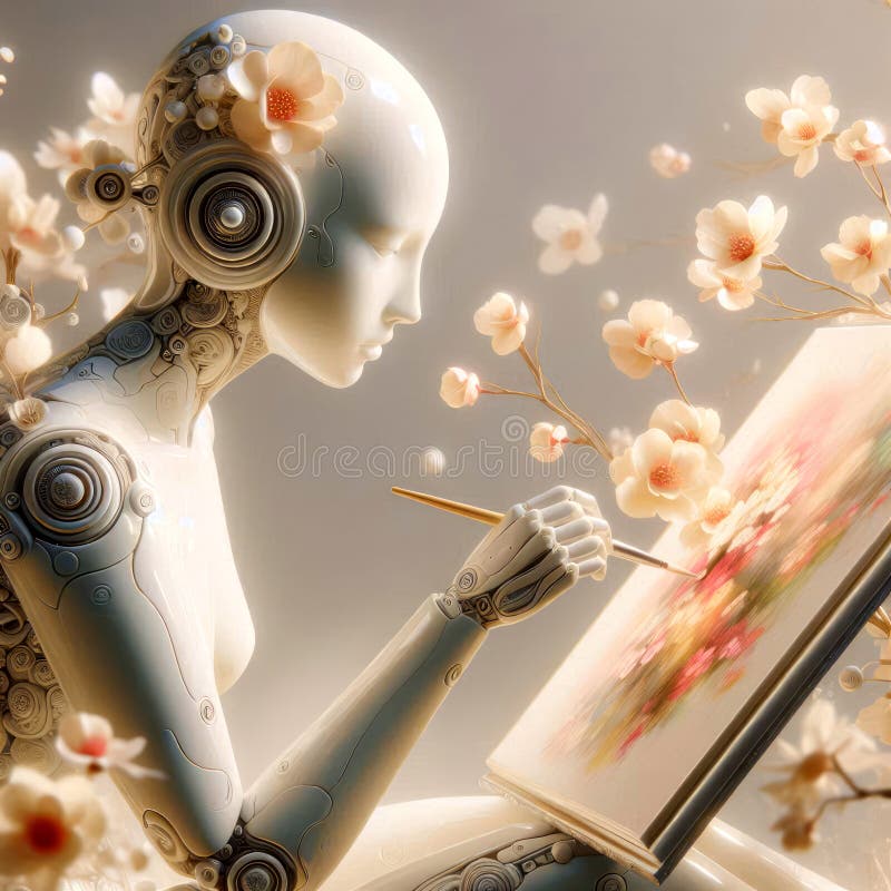 AI robot painting flowers stock illustration. Illustration of late ...