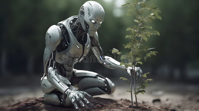 AI Robot Planting a Tree, Ecology, Technology, Humanoid, Go Green ...