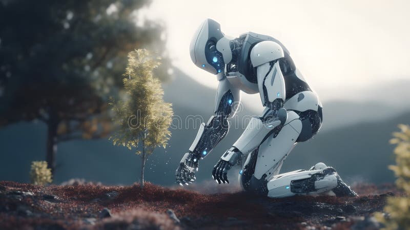 AI Robot Planting a Tree, Ecology, Technology, Humanoid, Go Green ...