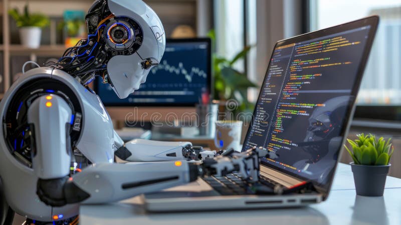 AI Robot Programming at Laptop in Modern Office. Futuristic Humanoid ...
