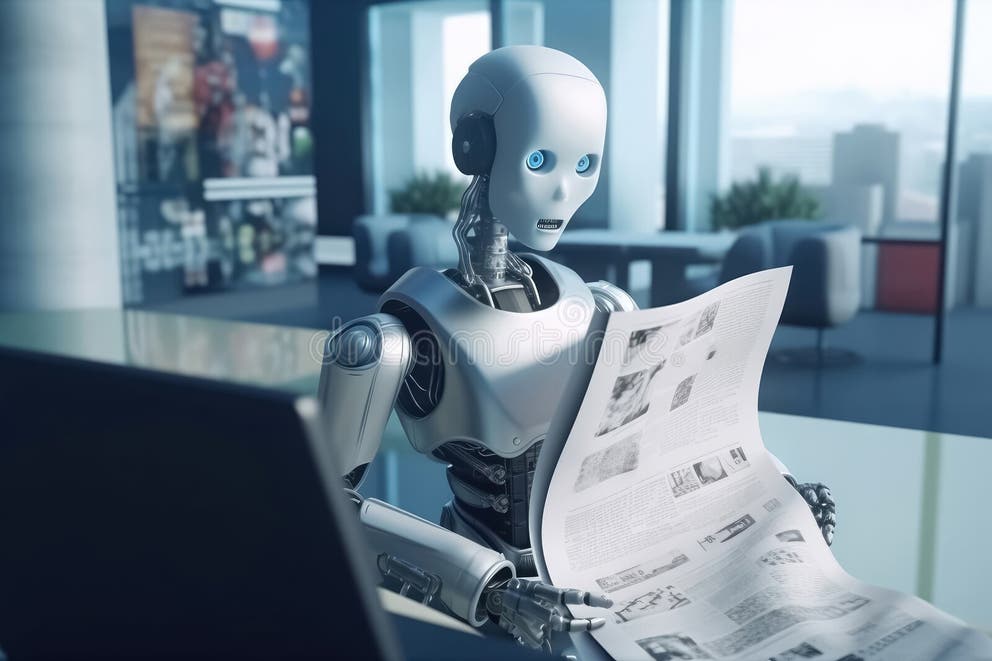 AI Robot Reading a Newspaper in an Office Created with Generative AI ...