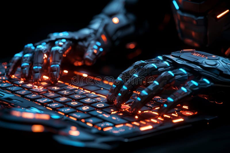 AI Robot& X27;s Hands Typing on a Keypad. Robotic Cyborg Hand Operating ...