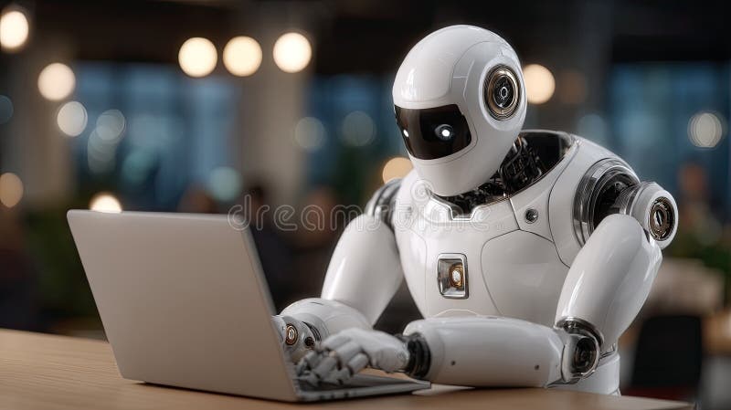 An AI Robot is Seated at a Kitchen Counter, Focused on a Laptop in a ...